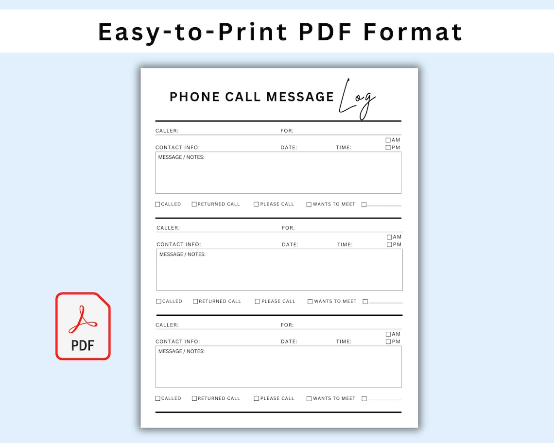 Phone Call Log Printable PDF, Telephone Message Log for Office ...