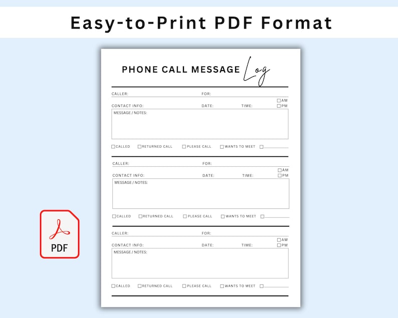 Phone Call Log Printable PDF, Telephone Message Log for Office ...