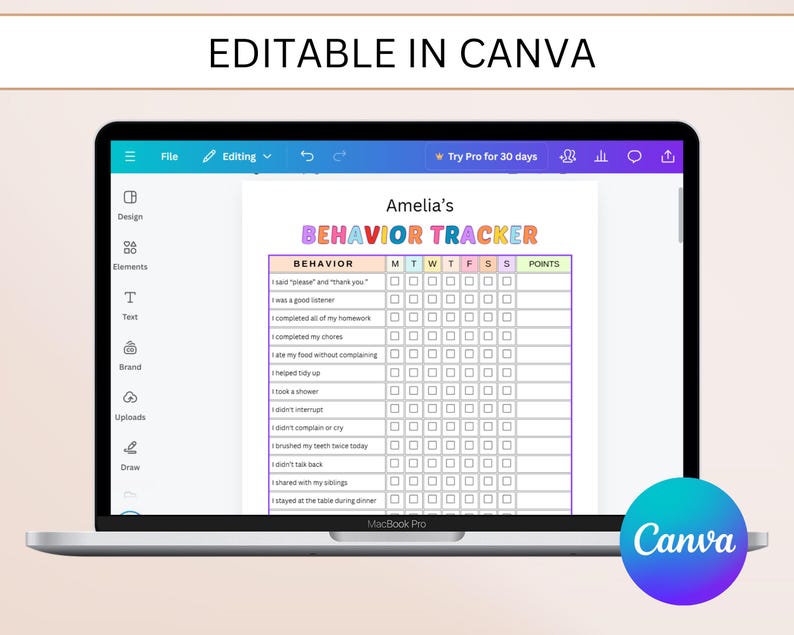 Editable Behavior Tracker for Kids. Kids Reward Chore Chart. Behavior ...