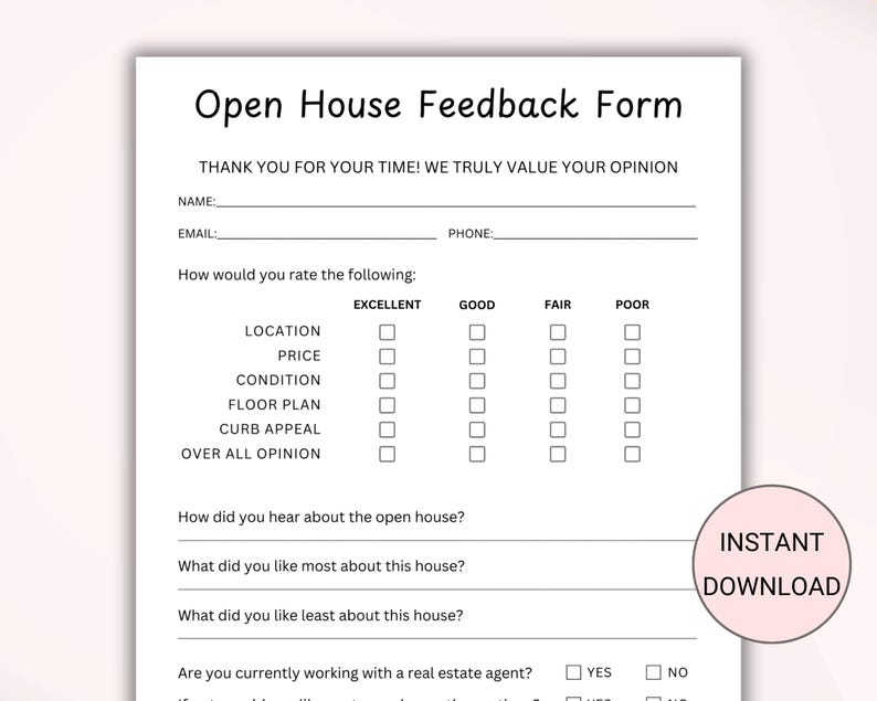 Printable Open House Feedback Form. Real Estate Agent Open House ...