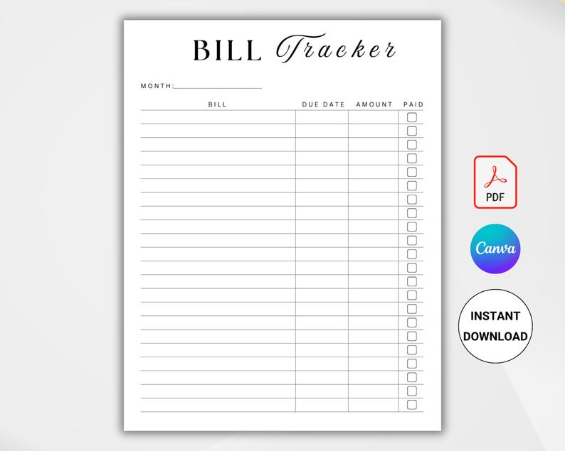 Printable Bill Tracker. Monthly Bill Log. Bill Planner. Bill Payment ...