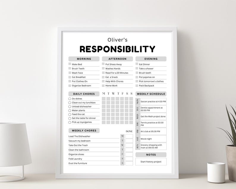 Responsibility Chart for Kids. Weekly Chore Chart Template. Printable ...
