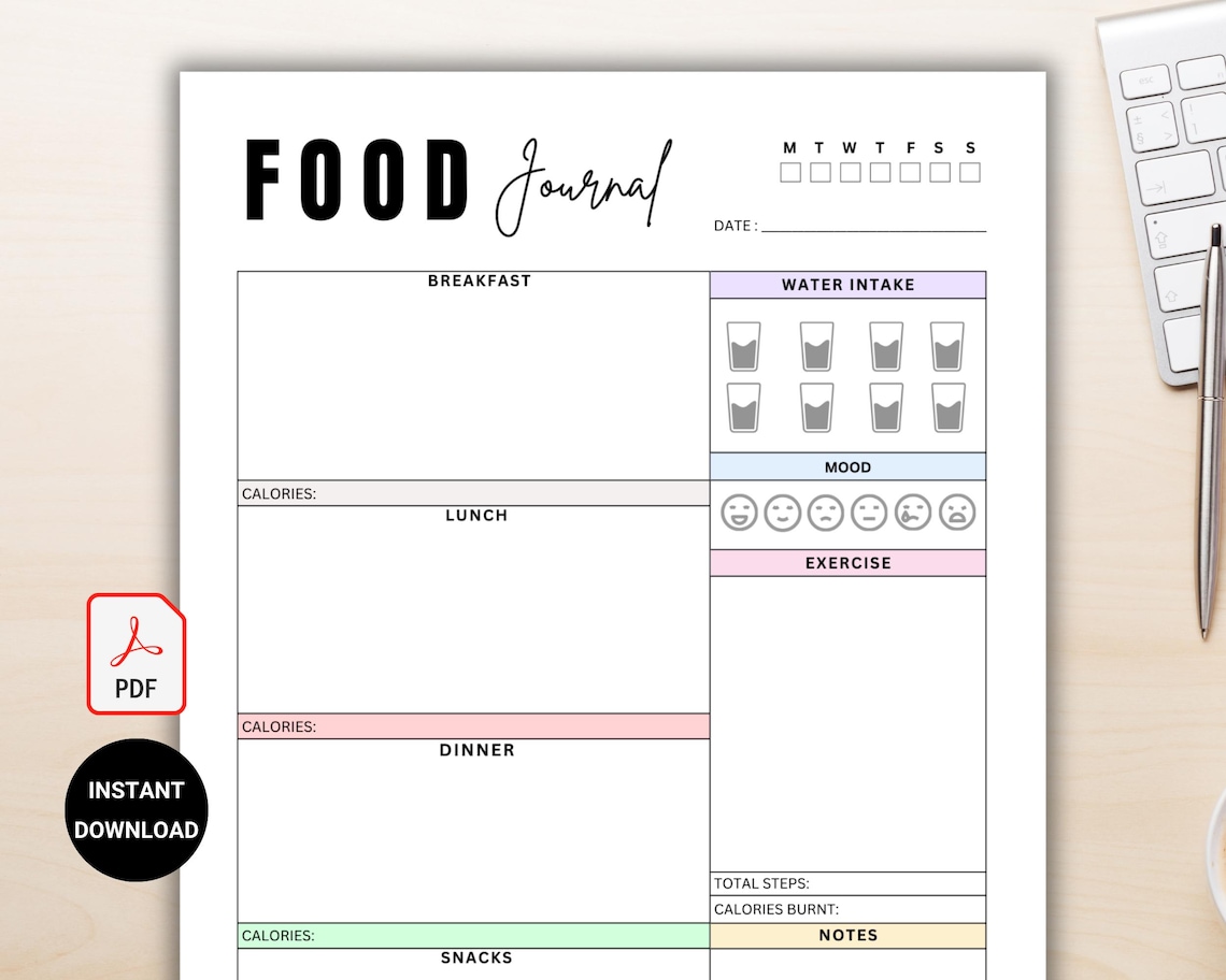 Daily Food Diary Printable. Food Journal. Calorie Tracker. Calorie ...