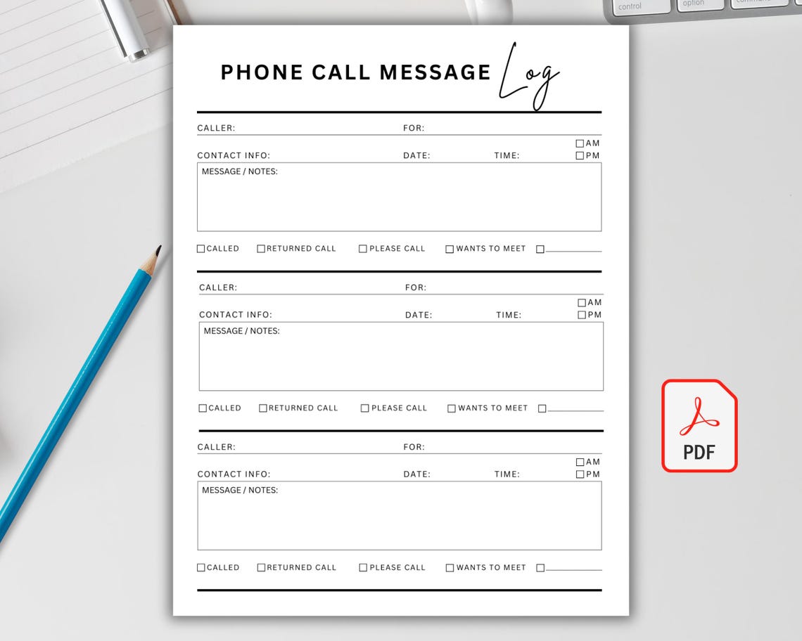 Phone Call Log Printable PDF, Telephone Message Log for Office ...