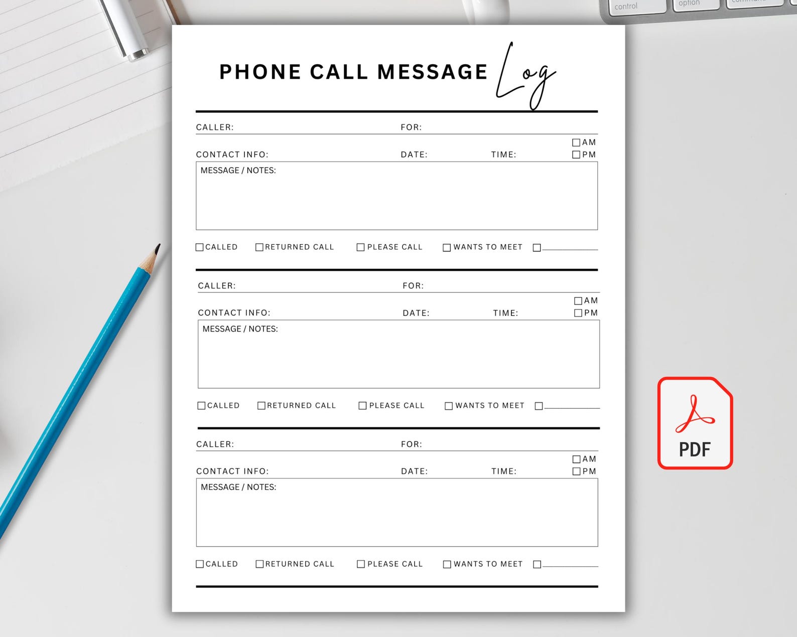 Phone Call Message Log Printable. Telephone Template. Voicemail Tracker ...