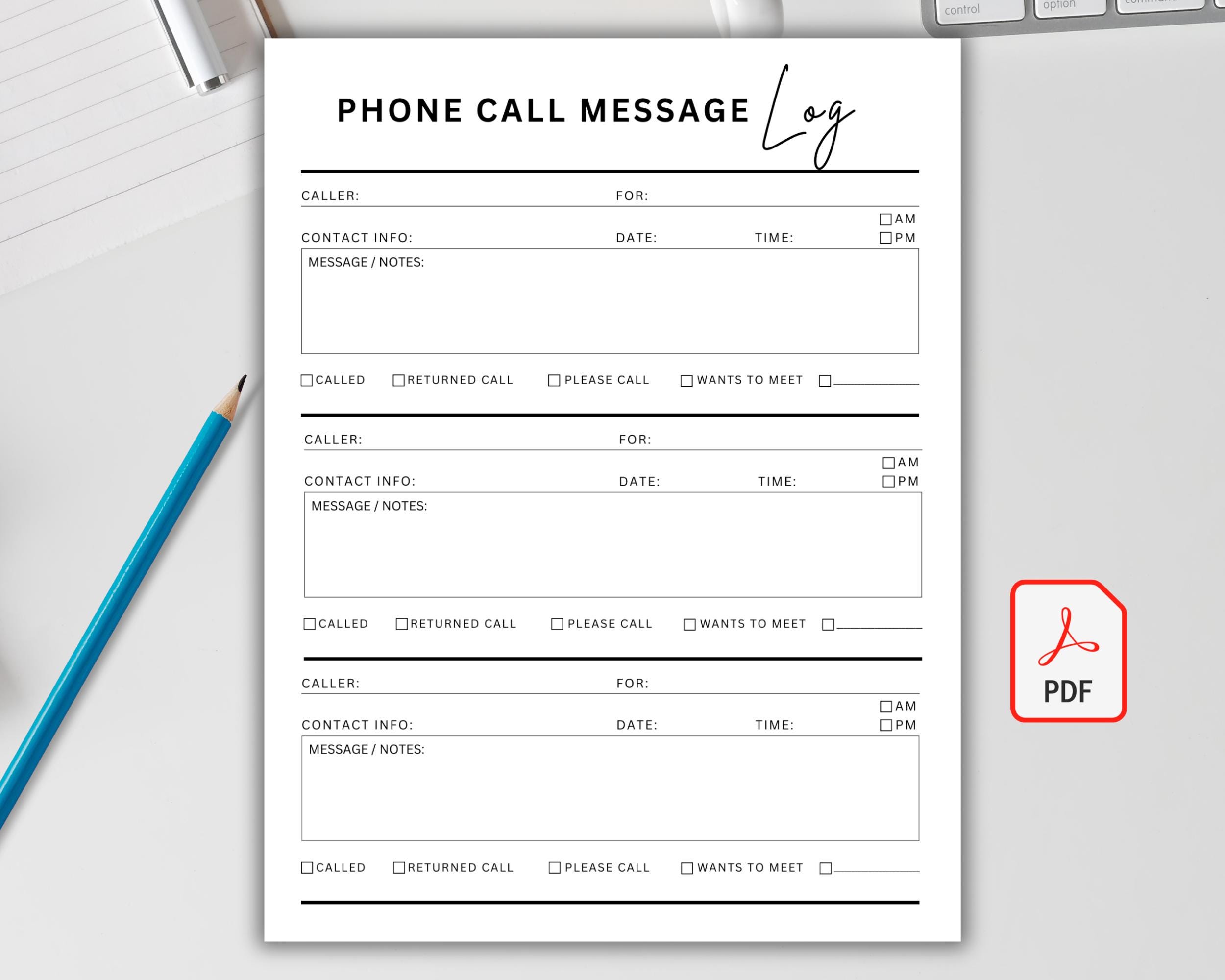 Printable Phone Call Message Log. Telephone Template. Voicemail Tracker ...