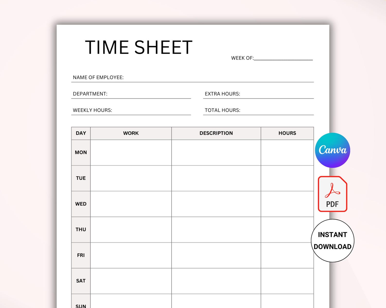 Weekly Employee Time Sheet Log Printable Word for Small Business ...