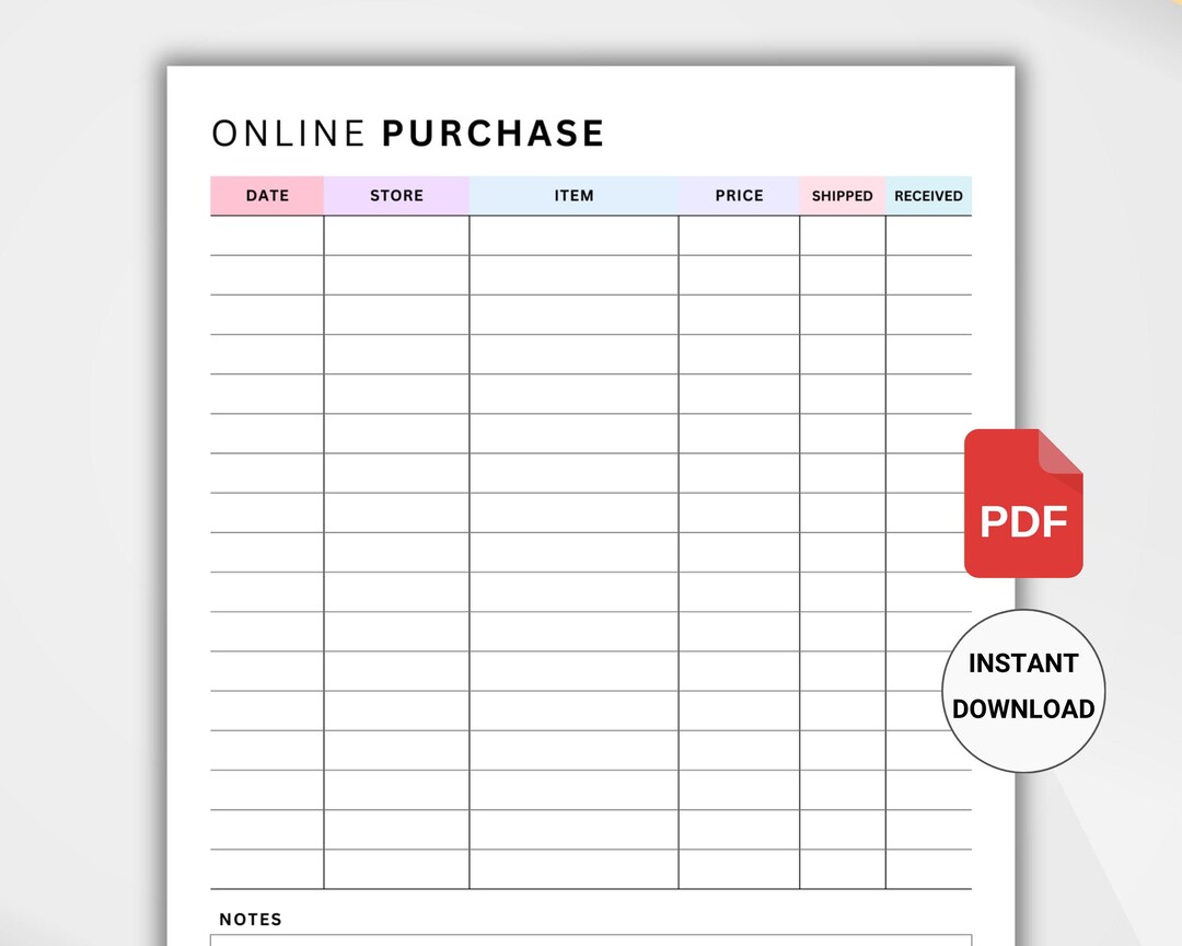 Online Purchases Tracker Printable. Online Shopping Tracker. Order ...