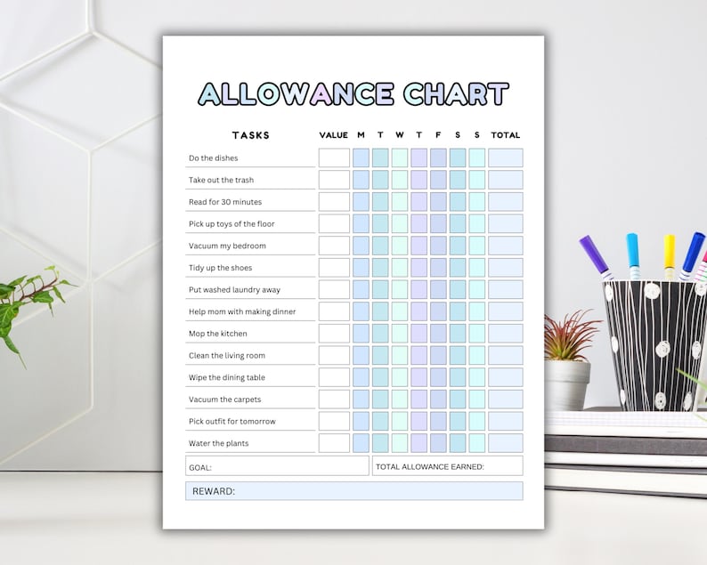 Allowance Chore Chart Printable | Kids Chore & Money Log | Budget Sheet ...