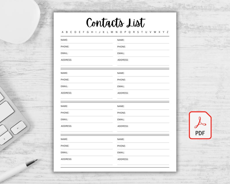 Printable Contact List PDF, Address Book Planner Insert, Client Contact ...