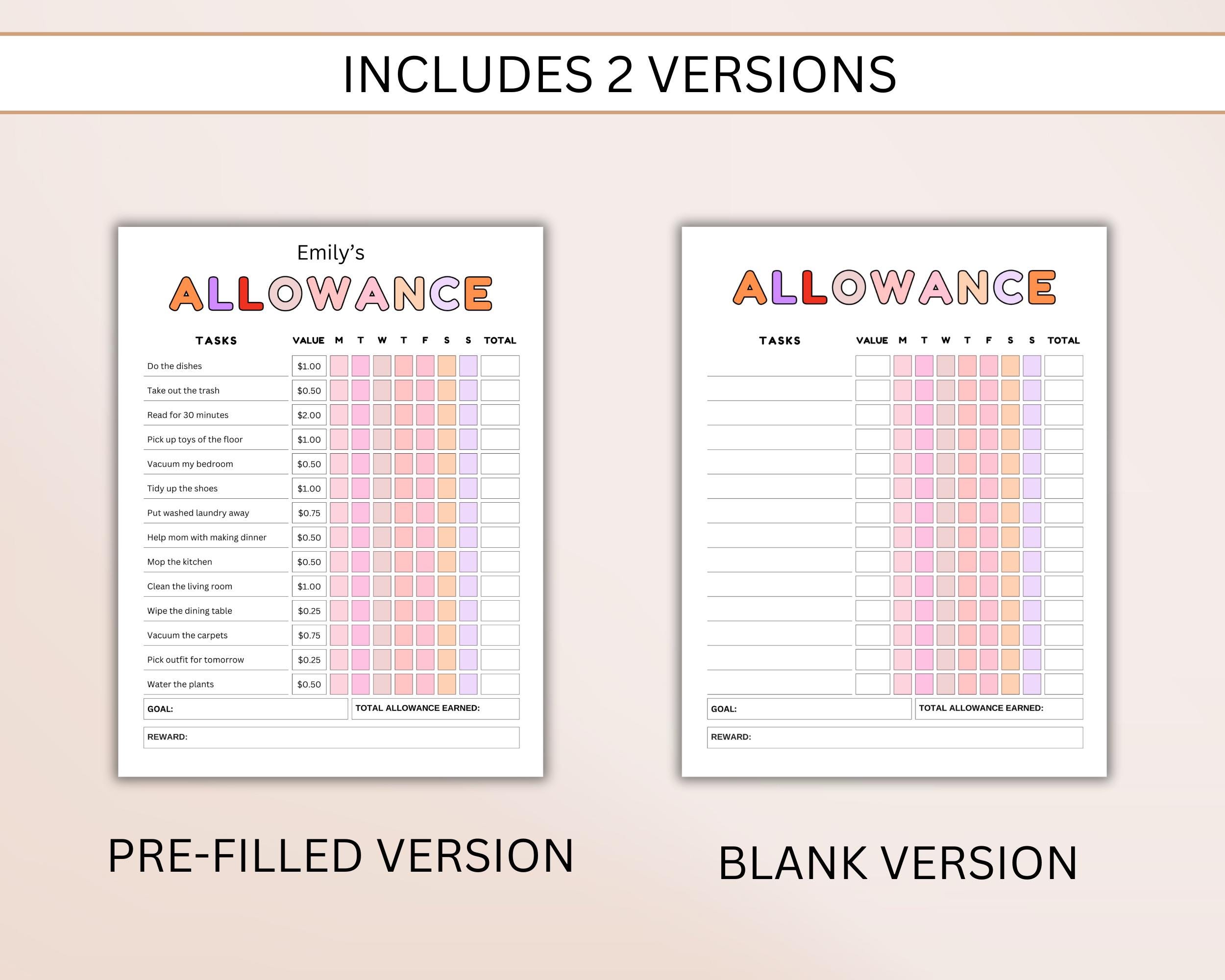 Allowance Chart for Kids. Printable Allowance Chore Chart. Allowance ...
