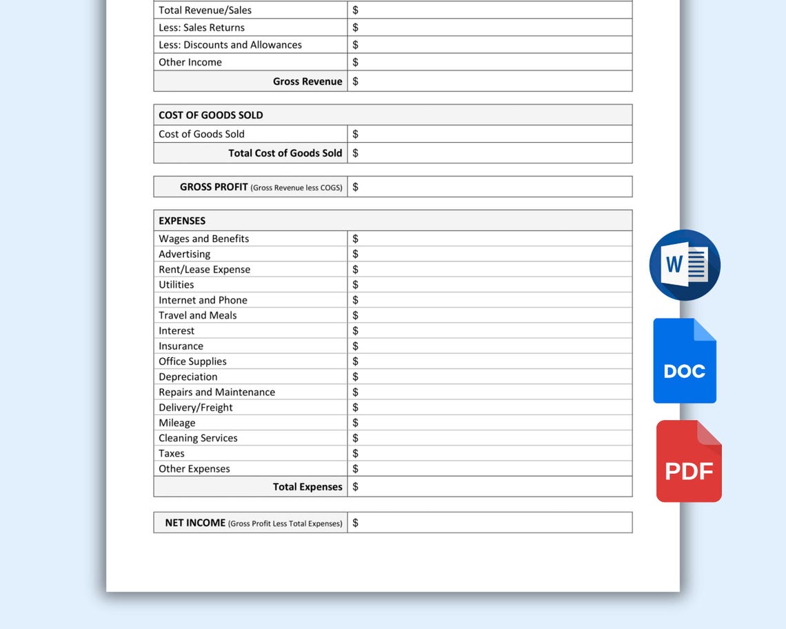 Profit and Loss Statement Template. Small Business Income & Expense ...