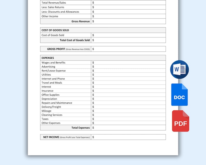 Profit and Loss Statement Template. Small Business Income & Expense Statement. Financial ...