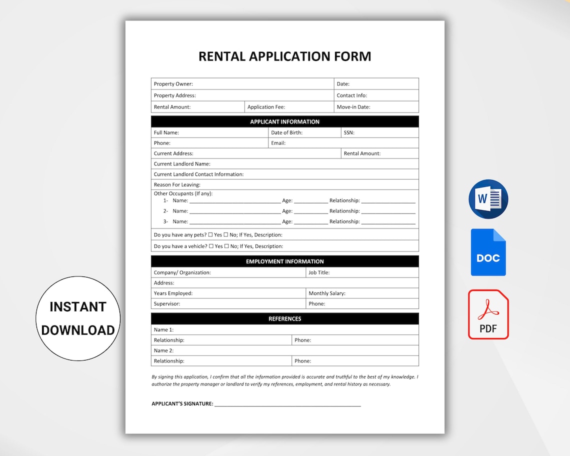 EDITABLE Landlord Rental Application Form. Tenant Rental Application ...
