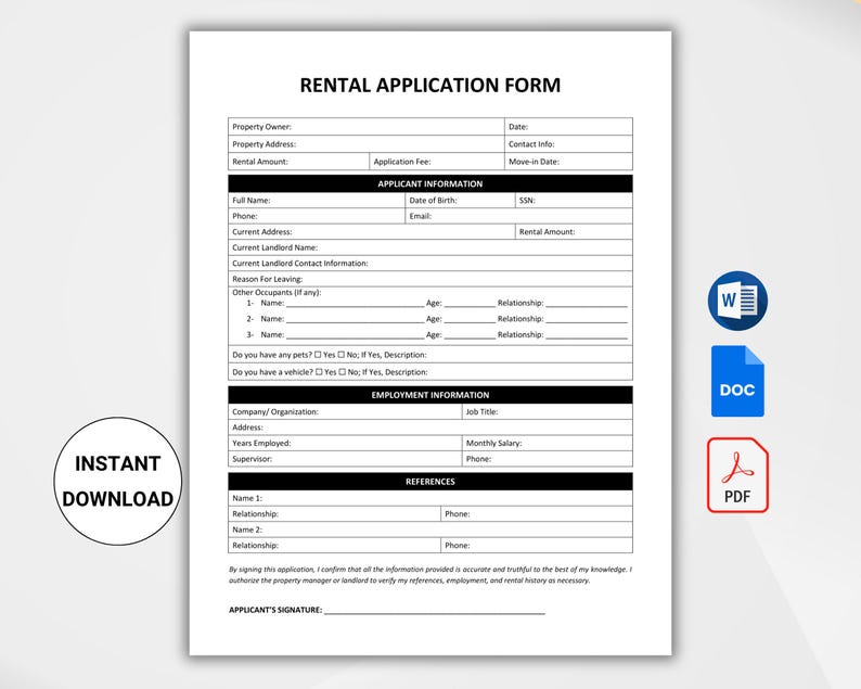 EDITABLE Landlord Rental Application Form. Tenant Rental Application ...