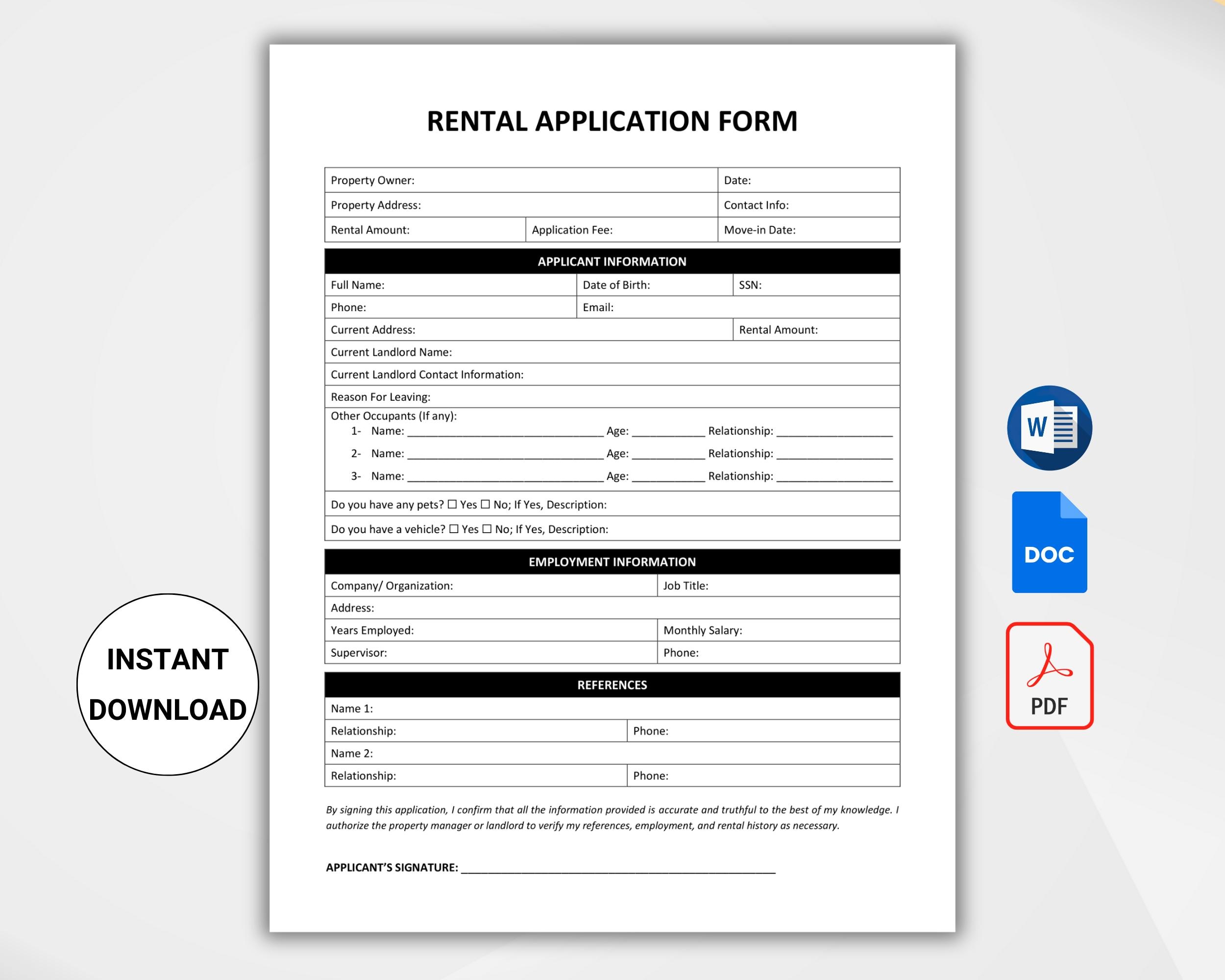 EDITABLE Landlord Rental Application Form. Tenant Rental Application ...
