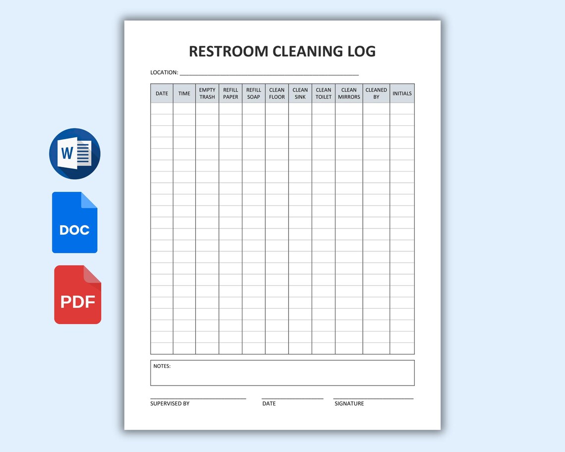 Restroom Cleaning Log. Small Business Cleaning Checklist. Bathroom ...