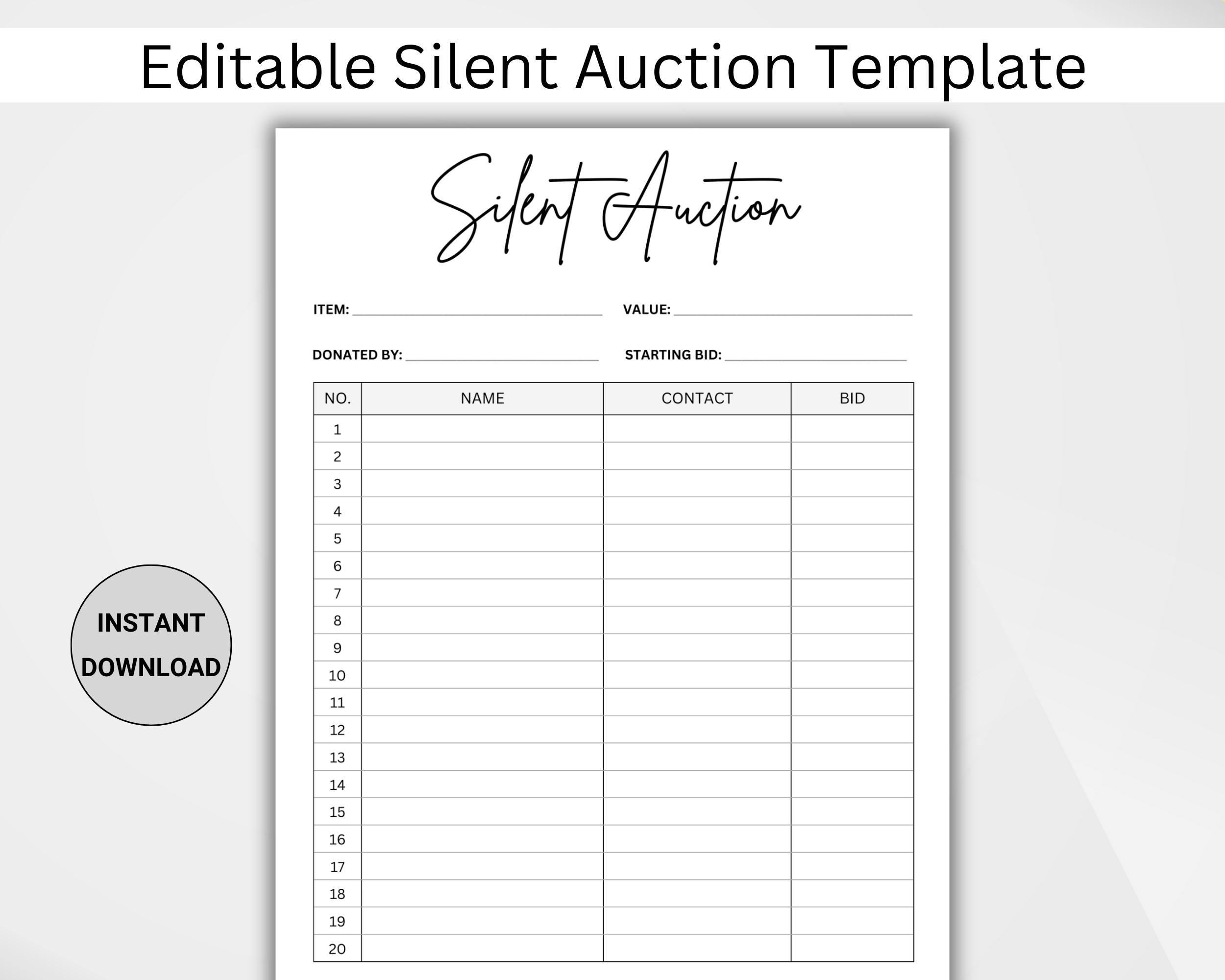Editable Silent Auction Template | Printable Bid Sheet | Silent Auction ...