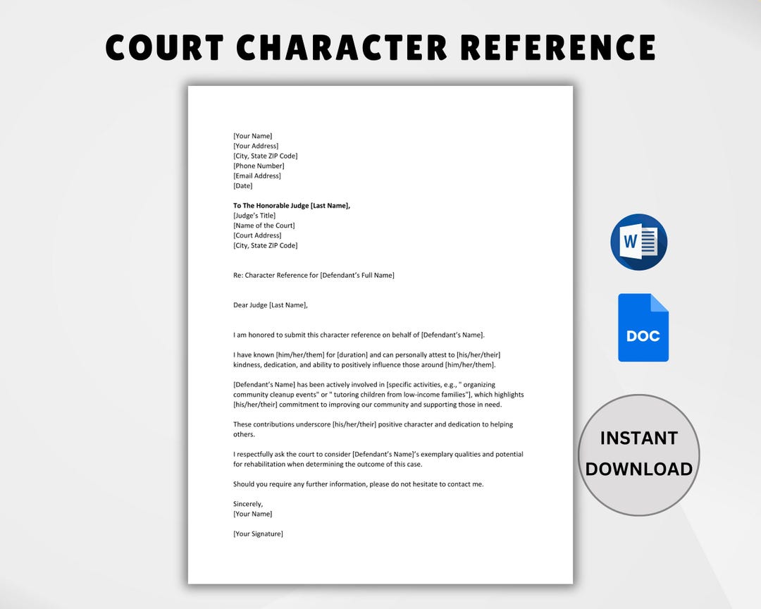 Court Character Reference Letter Template Editable. Personalized ...