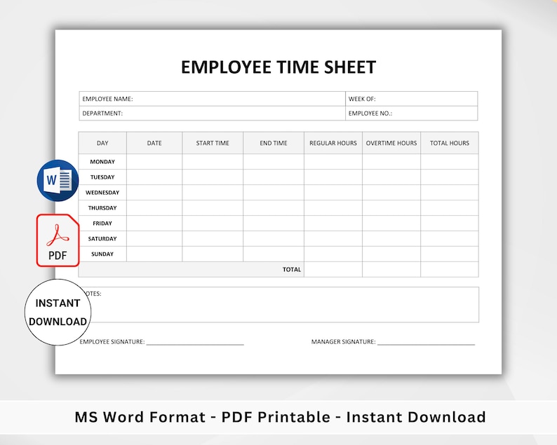 EDITABLE Employee Time Sheet. Hours Worked Log. Weekly Time Tracker ...
