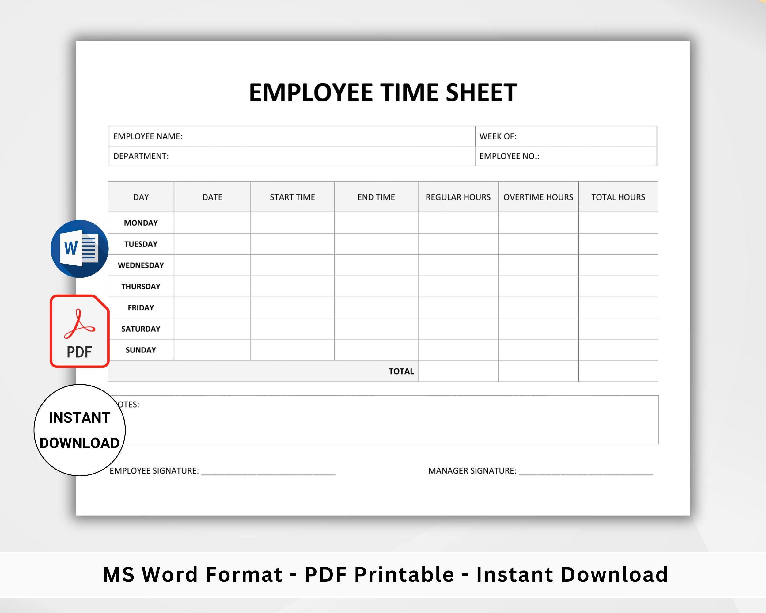 EDITABLE Employee Time Sheet. Hours Worked Log. Weekly Time Tracker ...