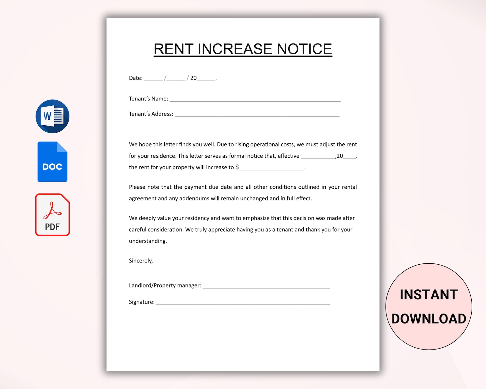 Printable Rental Increase Notice. Rental Increase Form. Rental Increase ...