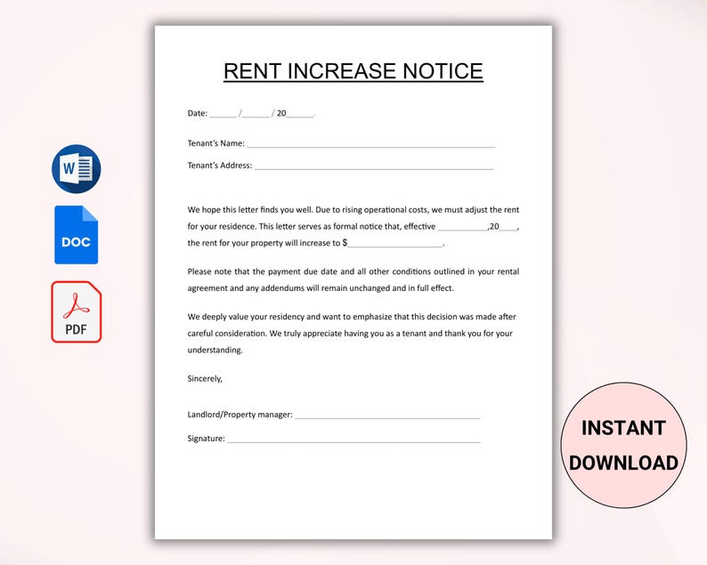 Printable Rental Increase Notice. Rental Increase Form. Rental Increase ...