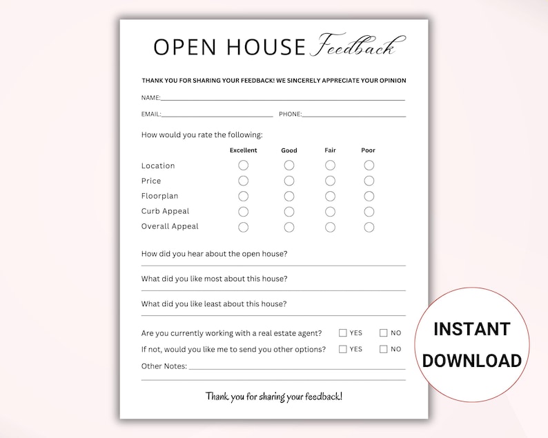 Open House Feedback Form Printable. Real Estate Agent Open House ...