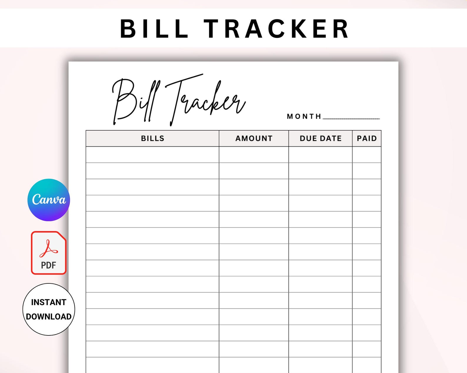 Editable Bill Tracker. Monthly Bill Log. Bill Planner. Bill Payment ...