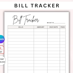 Editable Bill Tracker. Monthly Bill Log. Bill Planner. Bill Payment ...