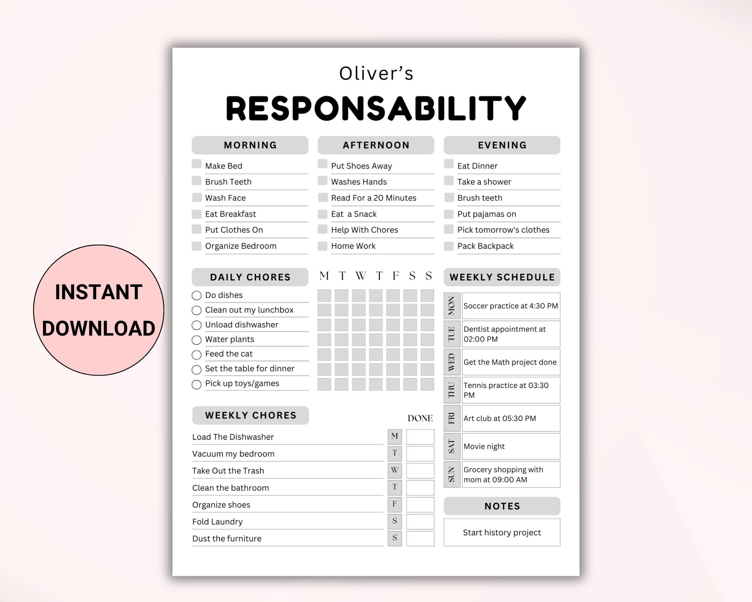 Responsibility Chart for Kids. Weekly Chore Chart Template. Printable ...