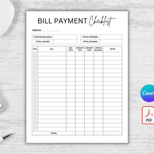 Bill Payment Checklist Tracker. Bill Pay Organizer. Bill Management ...