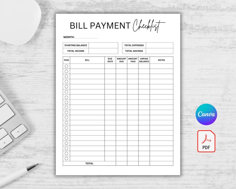 Bill Payment Checklist Tracker. Bill Pay Organizer. Bill Management ...