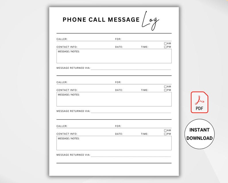 Printable Phone Call Message Log. Phone Log. Message Log. Call Log ...