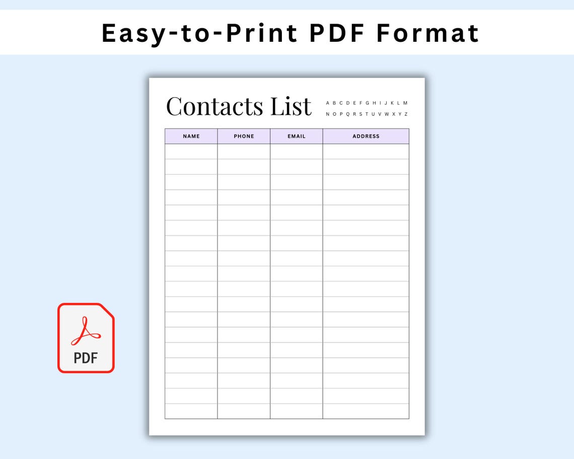 Contacts List Printable. PDF Contact Information. Contact List Template ...