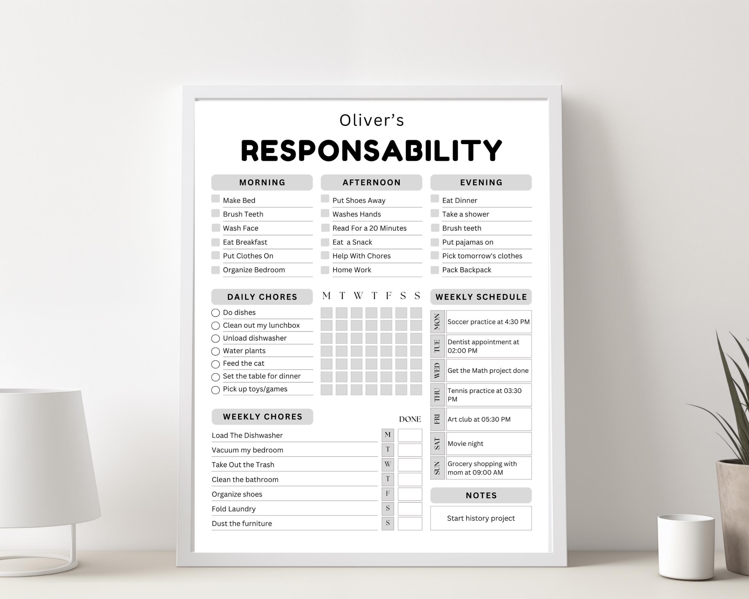 Responsibility Chart for Kids. Weekly Chore Chart Template. Printable ...