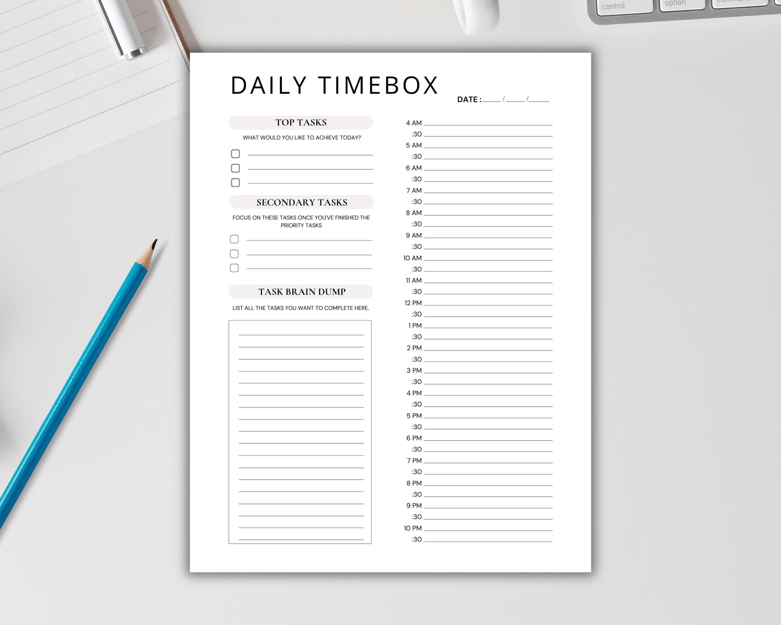 Daily Timebox Planner Printable. Time Blocking Plan. Timeboxing Digital ...