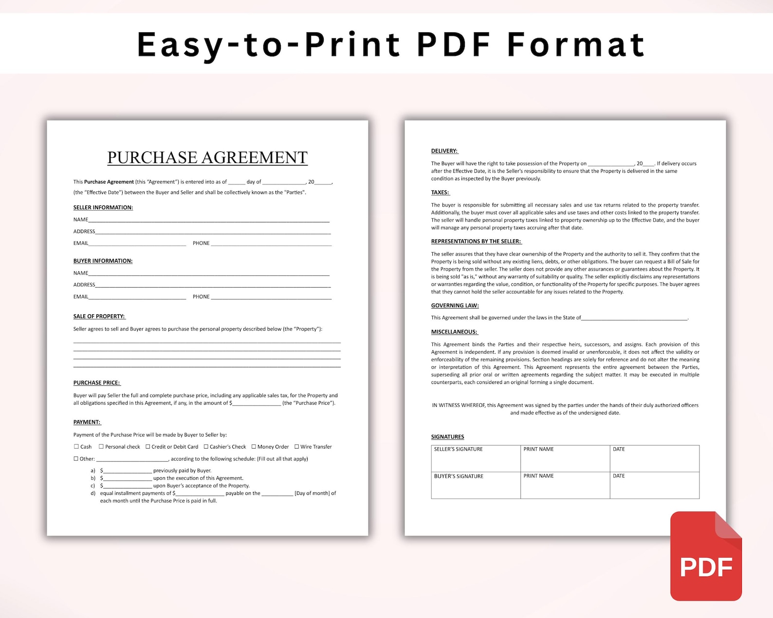 EDITABLE Purchase Agreement Template. Purchase and Sale Contract ...