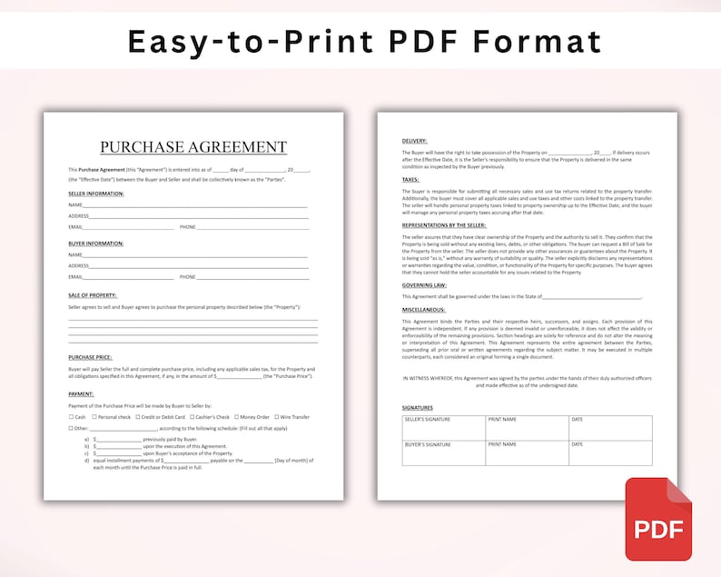 EDITABLE Purchase Agreement Template. Purchase and Sale Contract. Contract of Sales. Property ...