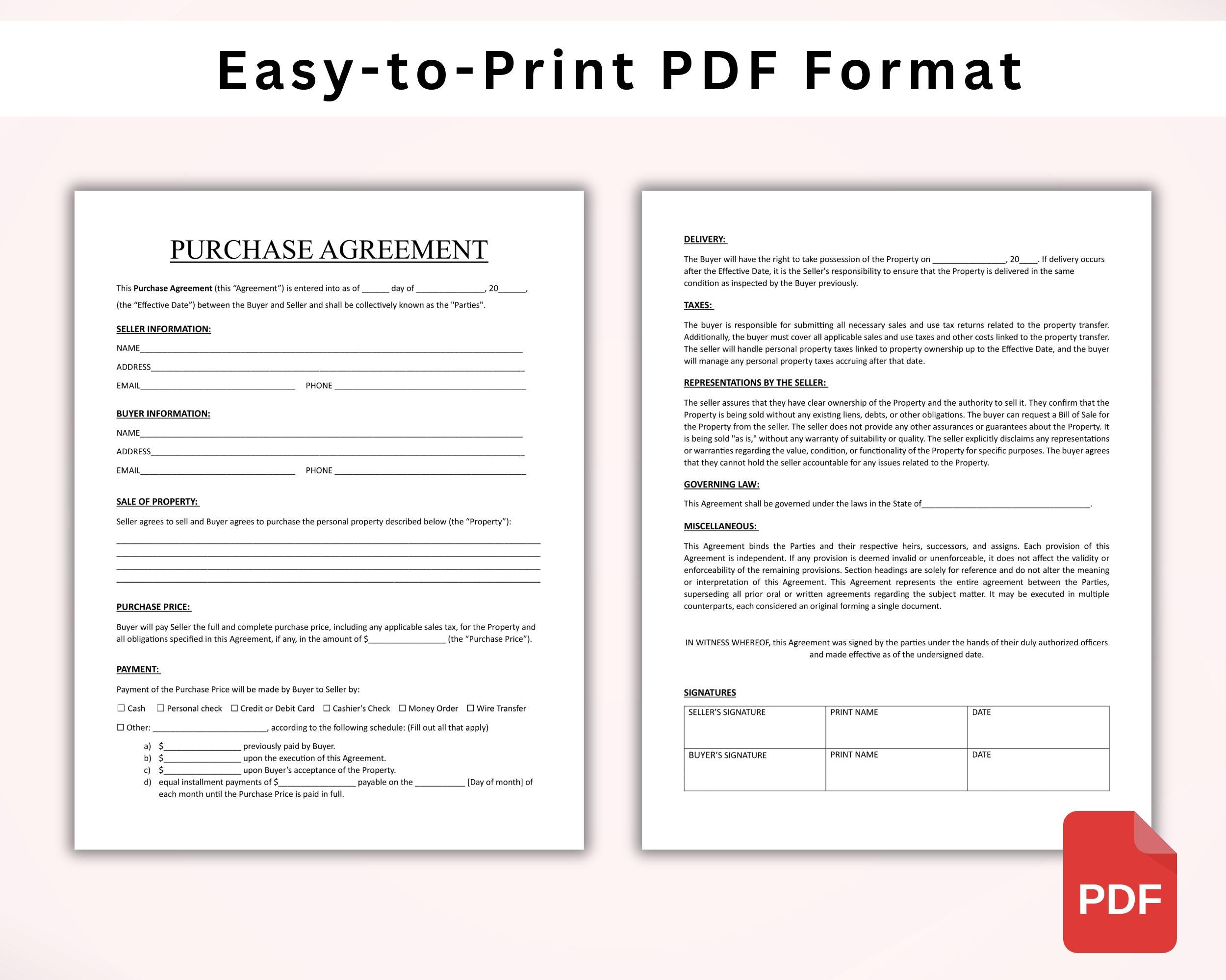 EDITABLE Purchase Agreement Template. Purchase and Sale Contract ...