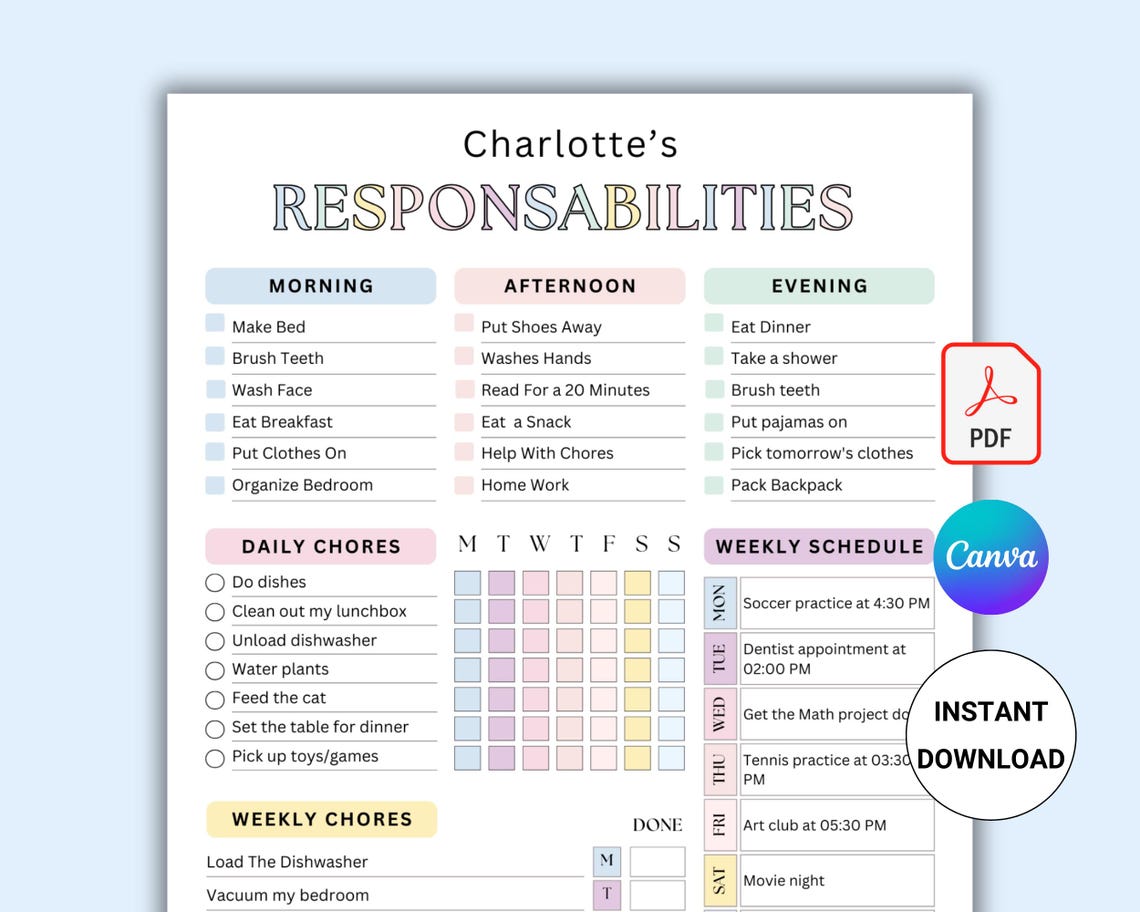 Tableau des responsabilités pour les enfants. Modèle de calendrier de ...