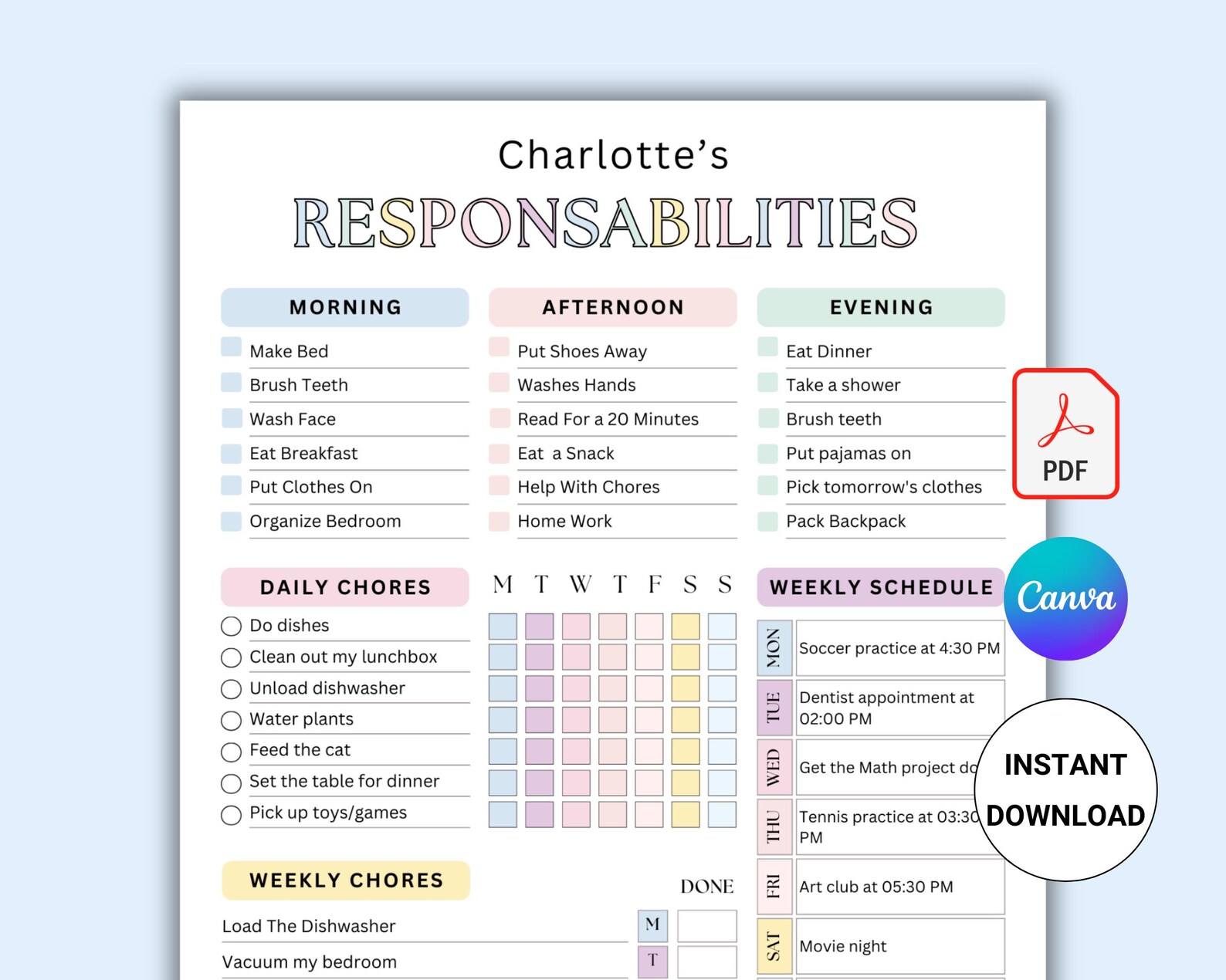 Responsibility Chart for Kids. Weekly Chore Chart Schedule Template ...