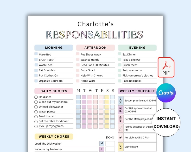 Responsibility Chart for Kids. Weekly Chore Chart Schedule Template ...