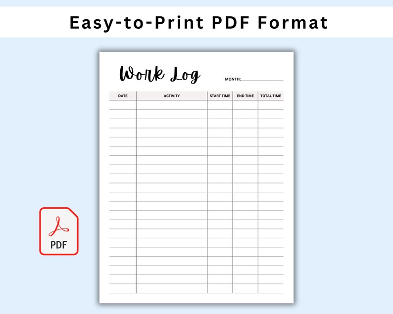 Work Log Printable PDF, Time Sheet Log, Working Hours Log, Work ...