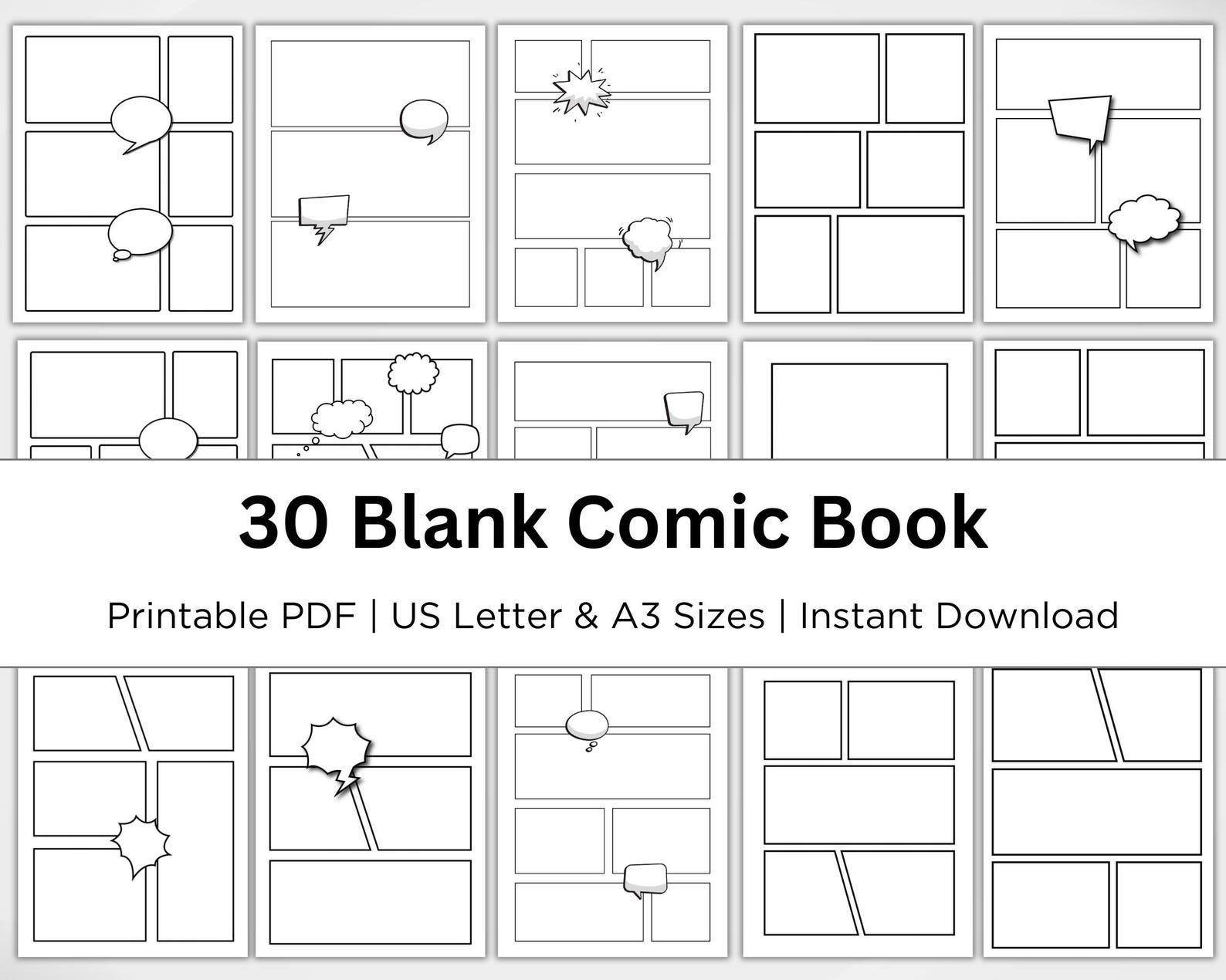 Printable Blank Comic Book Template. Comic Drawing Book. Digital Comic Paper. Comic Book Panels ...