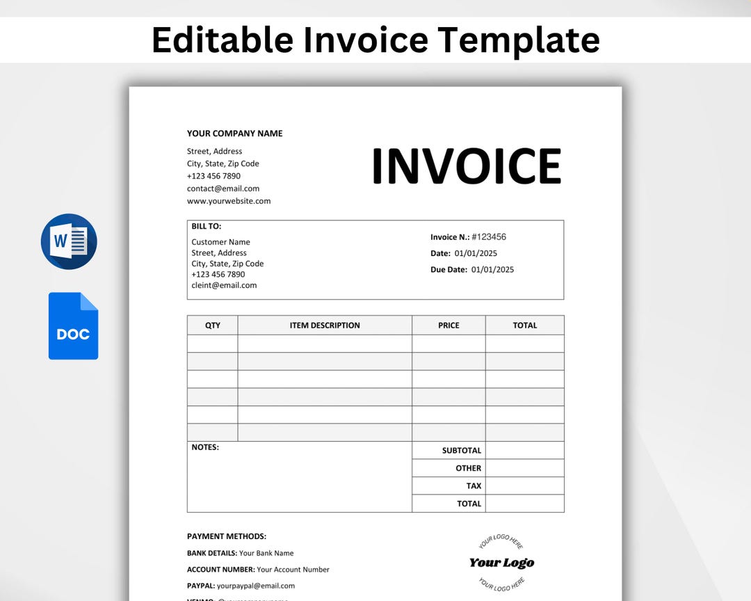 Minimalist Invoice Template Word, Invoice Template Google Doc, Small ...