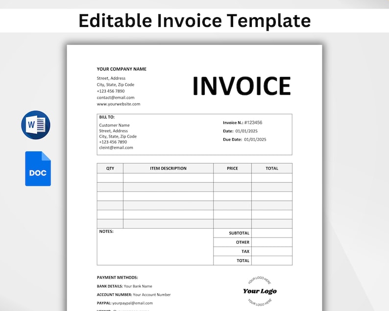 Invoice Template PRINTABLE. Editable Invoice Form. Custom Invoice ...