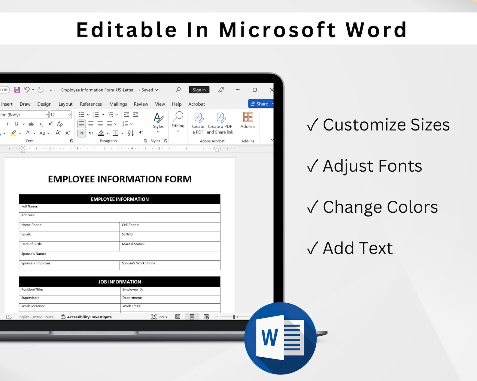 EDITABLE Employee Information Form. New Hire Paperwork. HR Templates ...