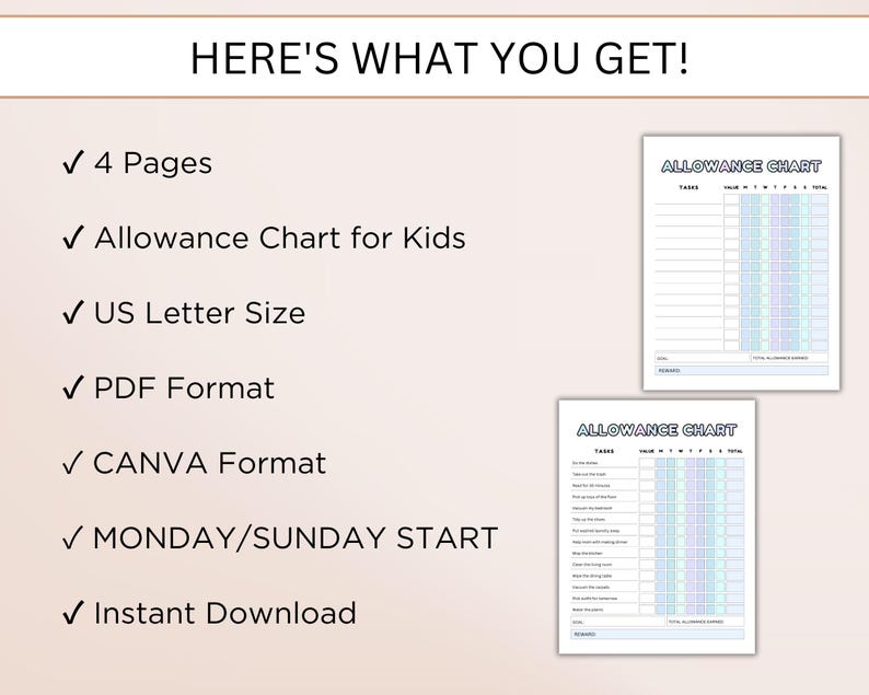 Allowance Chore Chart Printable | Kids Chore & Money Log | Budget Sheet ...