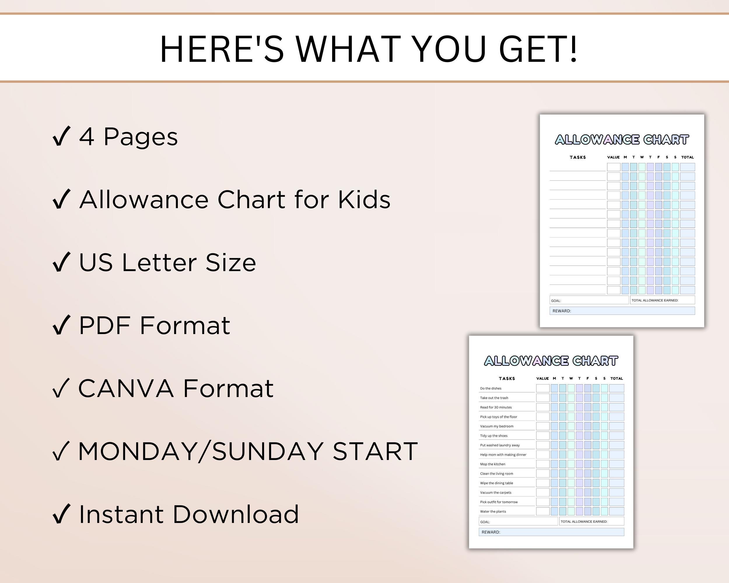 Allowance Chore Chart Printable | Kids Chore & Money Log | Budget Sheet ...